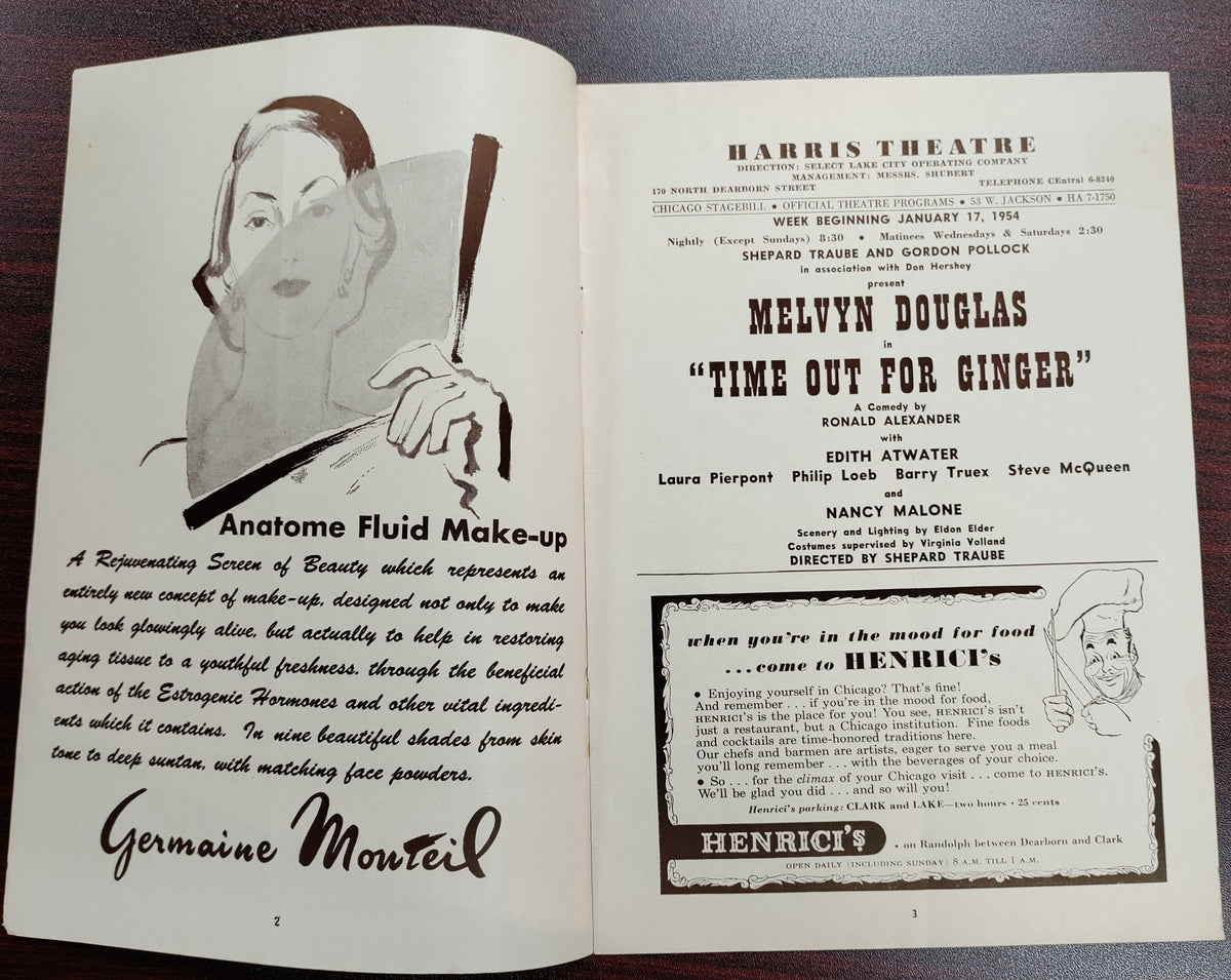 Chicago Stagebill 1954 Featuring Melvyn Douglas in "Time Out for Ginger ...
