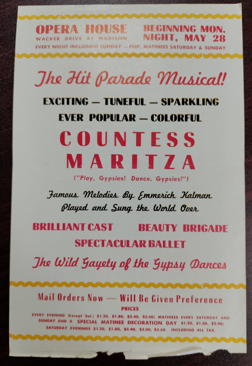 Vintage Opera House Flyer Featuring "Countess Maritza" – All In Autographs
